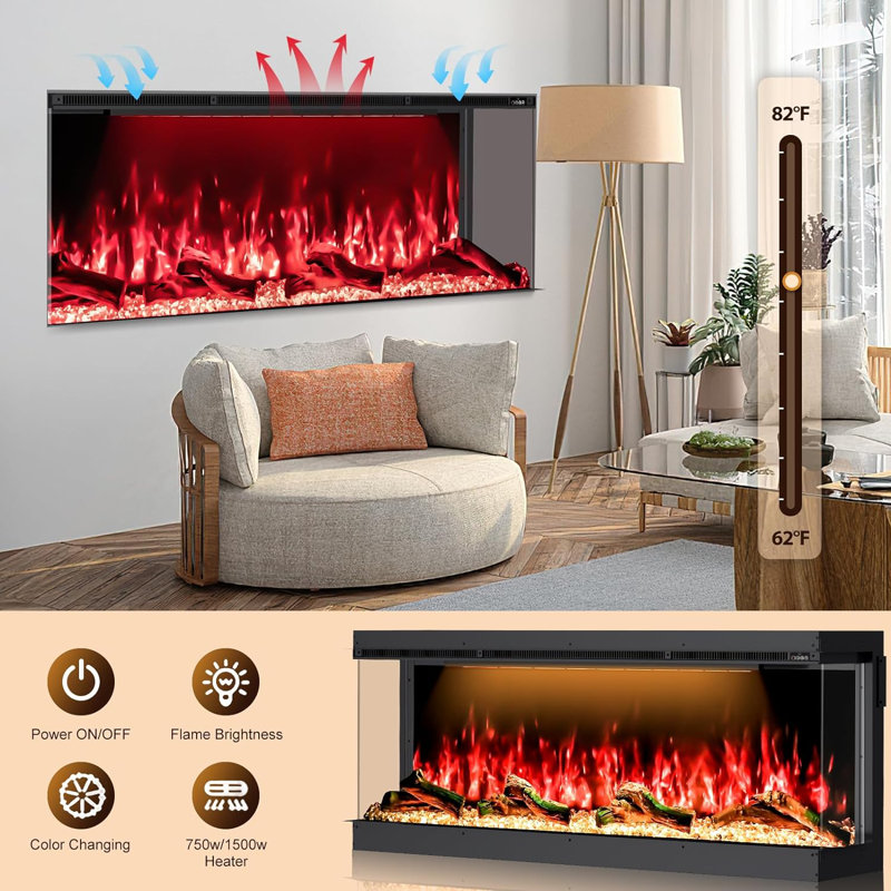 Symple Stuff Rupendra 3 Sided Electric Fireplace, Smart Wi-Fi app/Remote Control Fire place ...